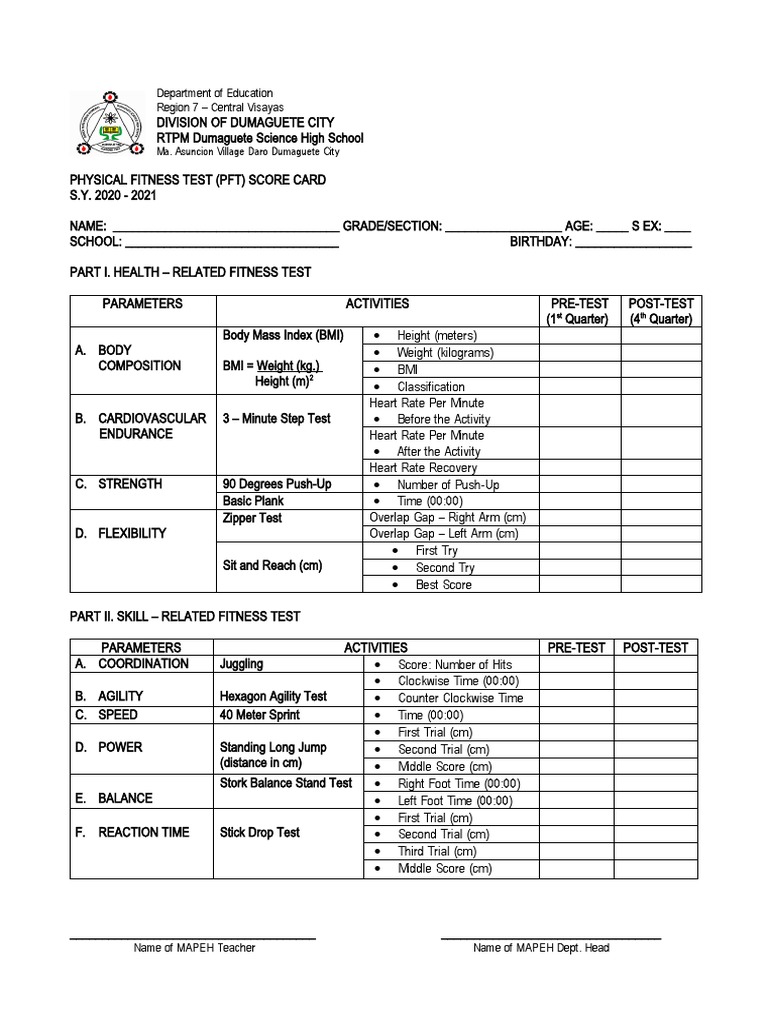 Physical Fitness Test Score Card | PDF | Body Mass Index | Physical ...