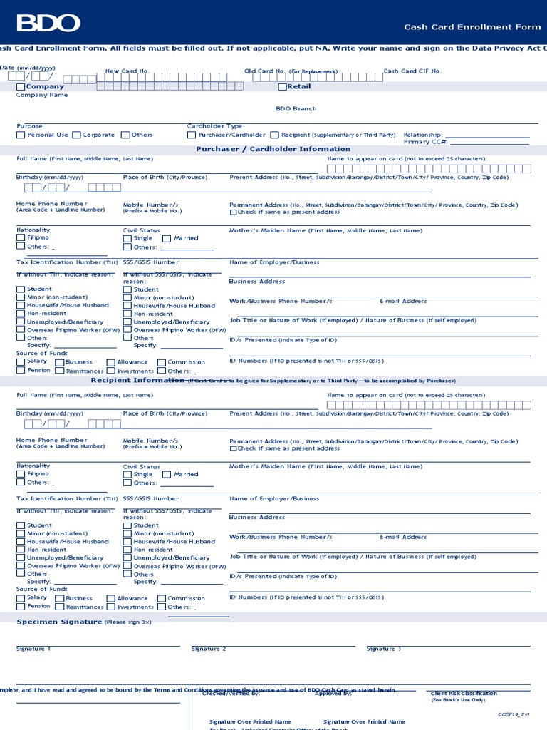 BDO Enrollment Form | PDF | Automated Teller Machine | Personal ...