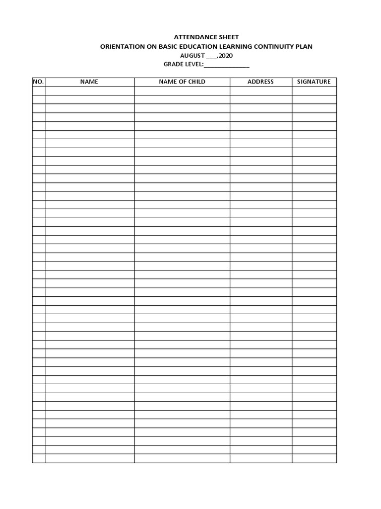 Attendance Sheet Orientation On Basic Education Learning Continuity ...