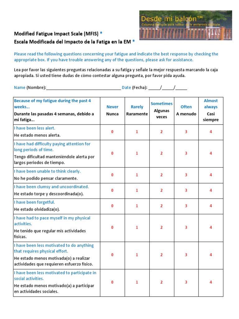Modified Fatigue Impact Scale (MFIS) Escala Modificada Del Impacto de ...