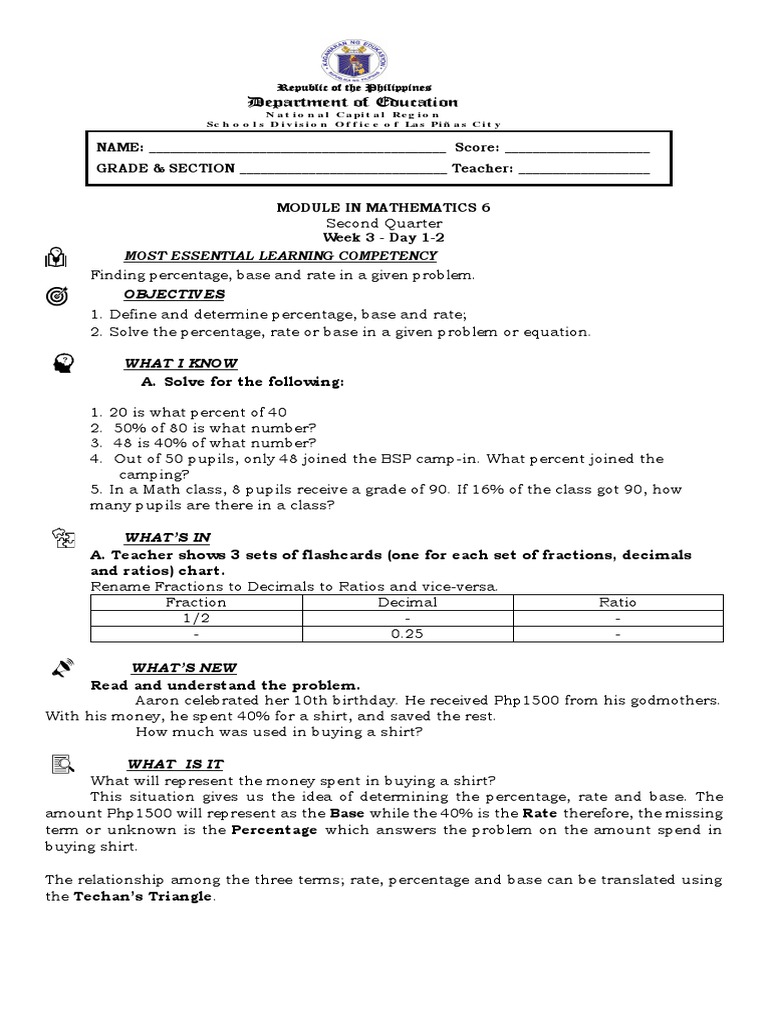Grade 6 Percentage, Rate, and Base Module | PDF | Percentage | Numbers