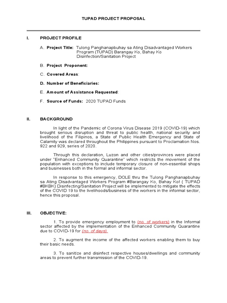Tupad Project Proposal | PDF | Unemployment Benefits | Emergency Management