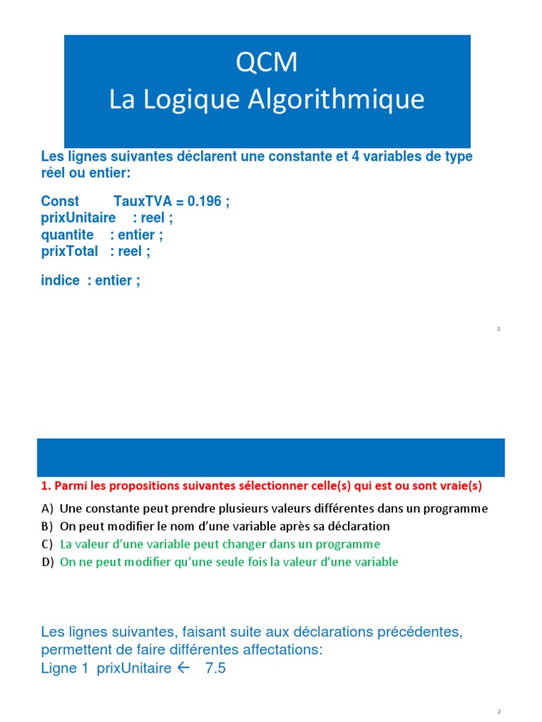 QCM V1 Correction | PDF | Variable (Mathématiques) | Enseignement des mathématiques