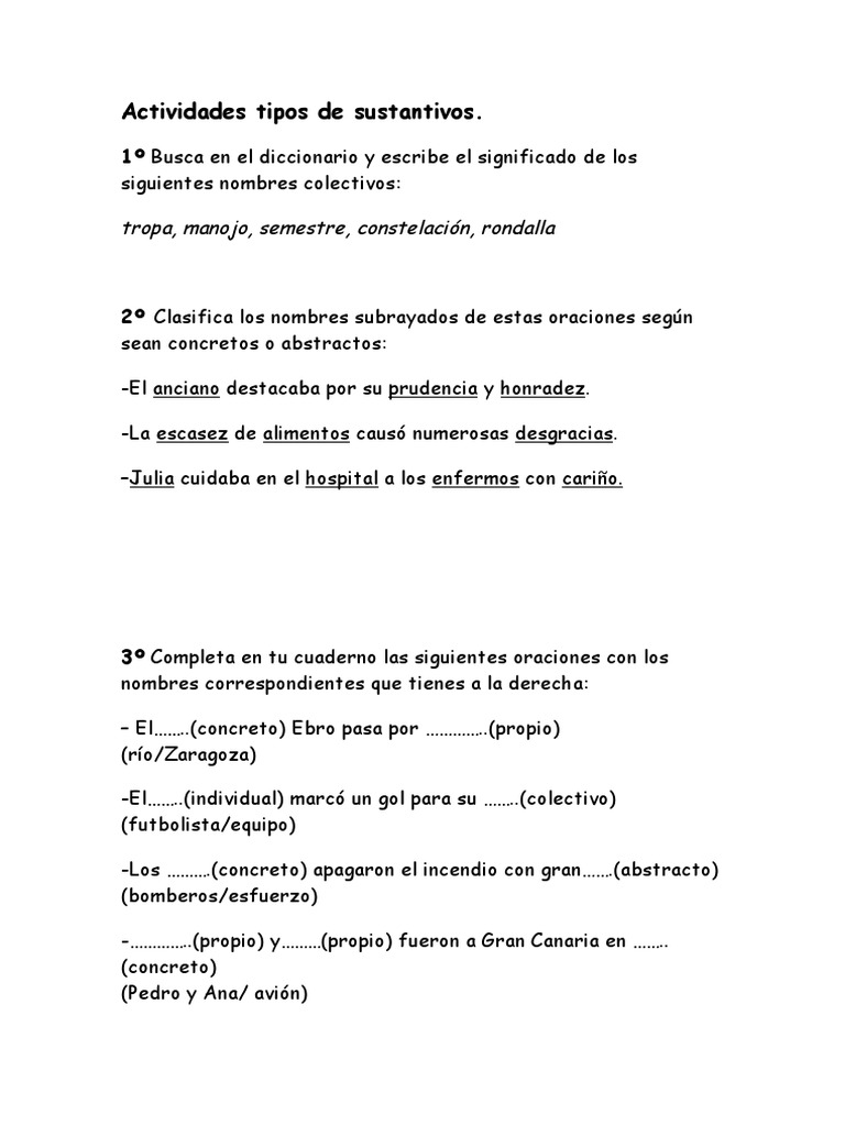 Tipos de sustantivos: concretos, abstractos, colectivos y propios | PDF