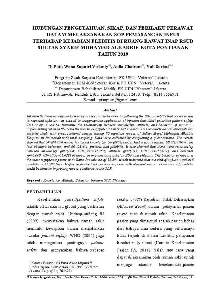 Perawat dan SOP Infus: Hubungan Flebitis | PDF | Patient | Practice Of Medicine