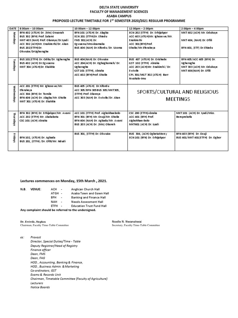 First Semester Lecture Timetable 2019 2020 Prof-1 | PDF | Business
