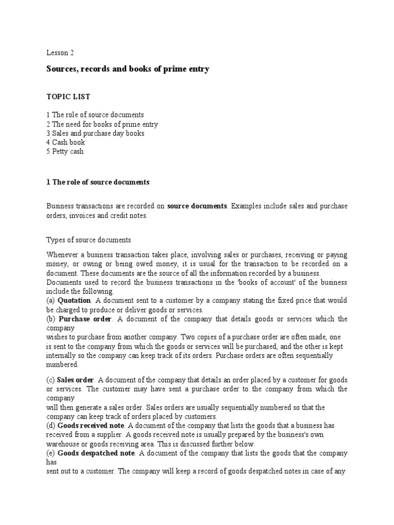 Sources, Records and Books of Prime Entry: Topic List | PDF ...