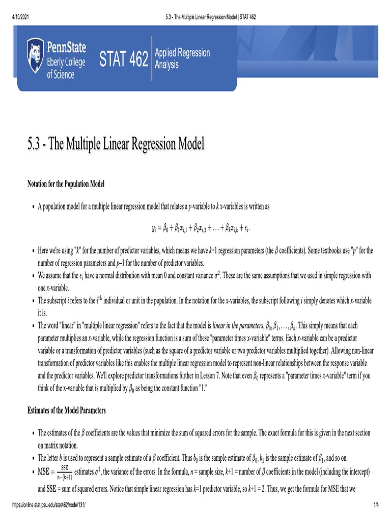 5.3 - The Multiple Linear Regression Model - STAT 462 | PDF ...