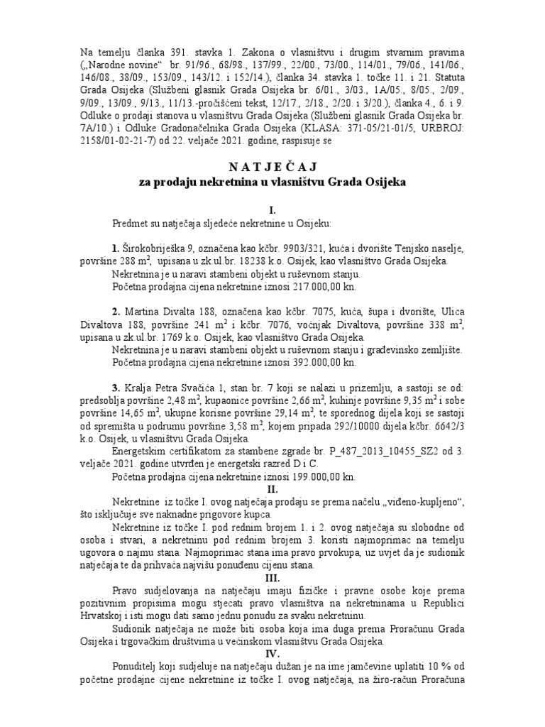 Natjecaj Za Prodaju Nekretnina 2021. | PDF