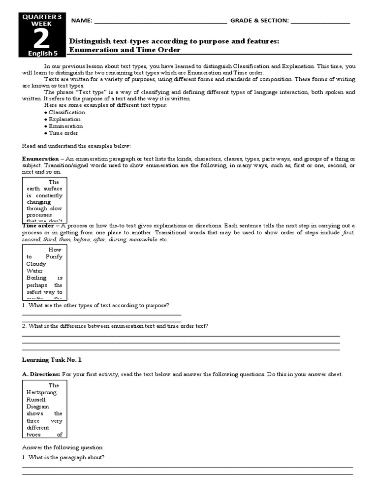 Distinguish Text-Types According To Purpose and Features: Enumeration ...