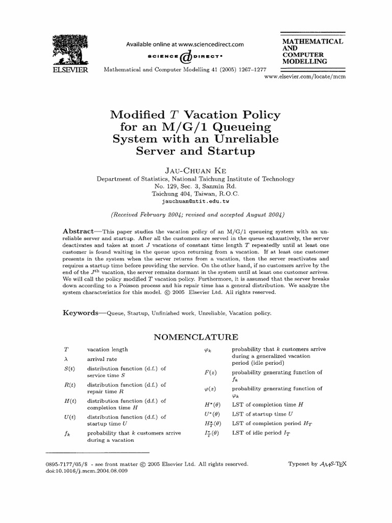 DIRECT": Modified T Vacation Policy For An M/G/1 Queueing System With An Unreliable Server and ...