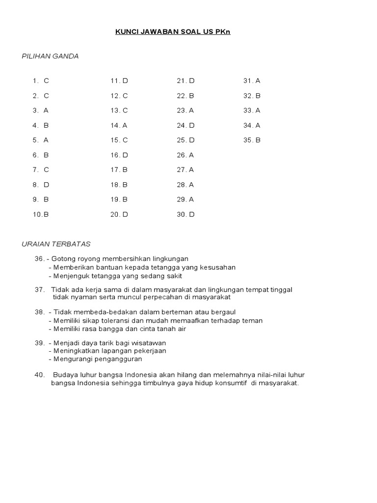 Kunci Jawaban & Penskoran Soal Us PKN | PDF
