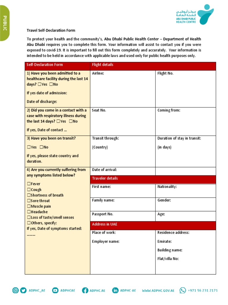 AUH Travel Declaration Form | PDF | Diseases And Disorders | Clinical ...