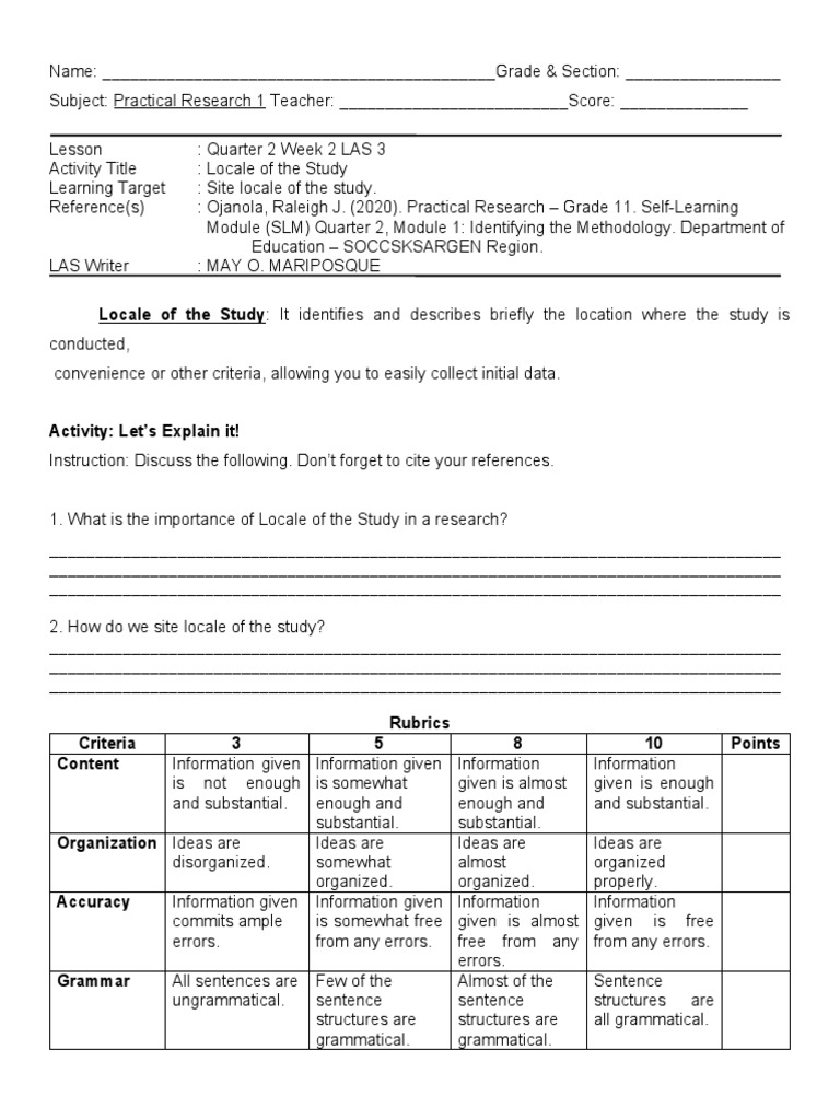 Locale of The Study: It Identifies and Describes Briefly The Location ...