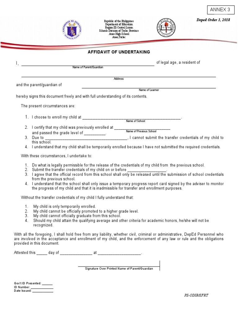 Annex 3 Affidavit of Undertaking DO 3 2018 | PDF | Credential | Government Annex 3 Affidavit of Undertaking DO 3 2018 | PDF | Credential | Government