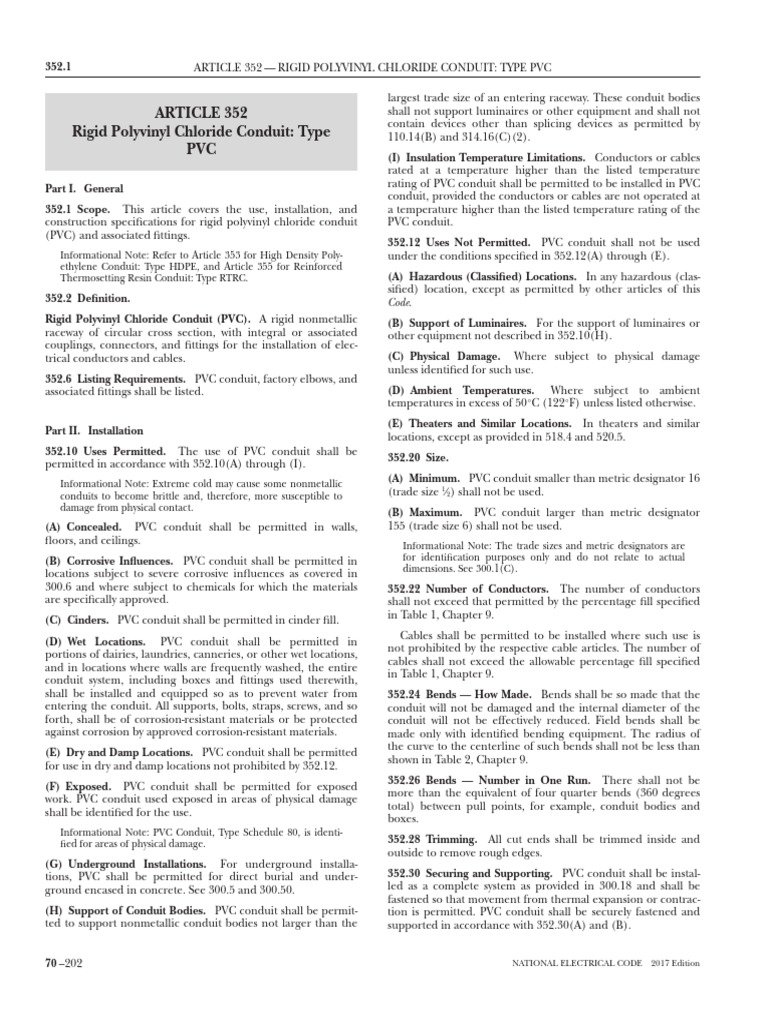 Article 352 Rigid Polyvinyl Chloride Conduit: Type PVC: Code | PDF ...