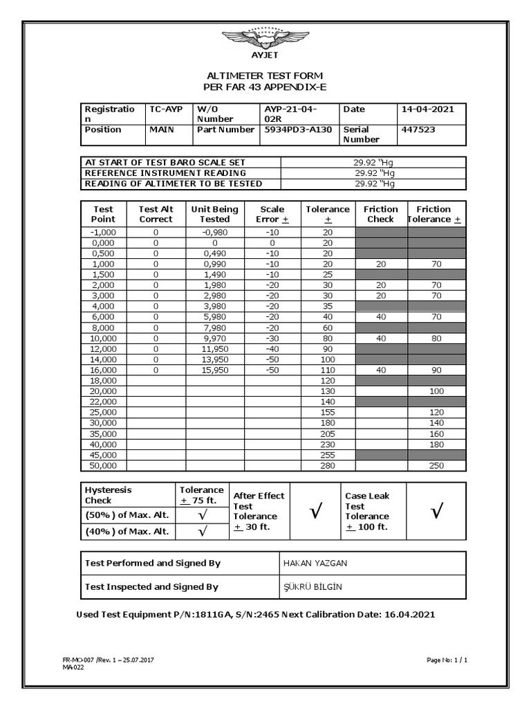 Tc-Ayp 2021 Altimeter Test Form | Download Free PDF | Equipment ...