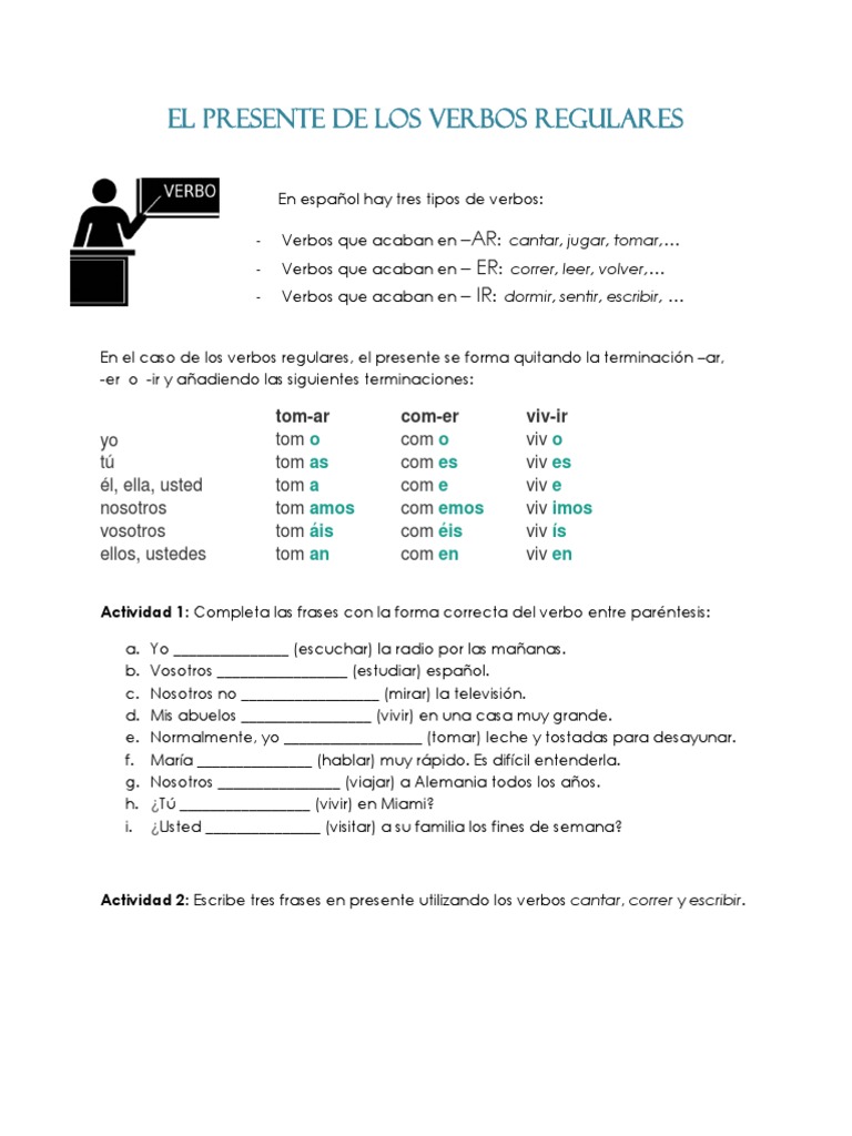 El Presente de Los Verbos Regulares Guias de Gramatica Hoja de Trabajo ...