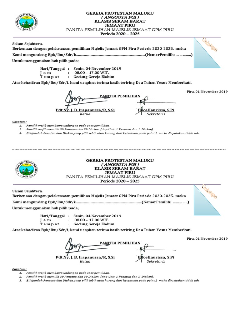 Undangan Pemilihan Majelis Jemaat GPM | PDF