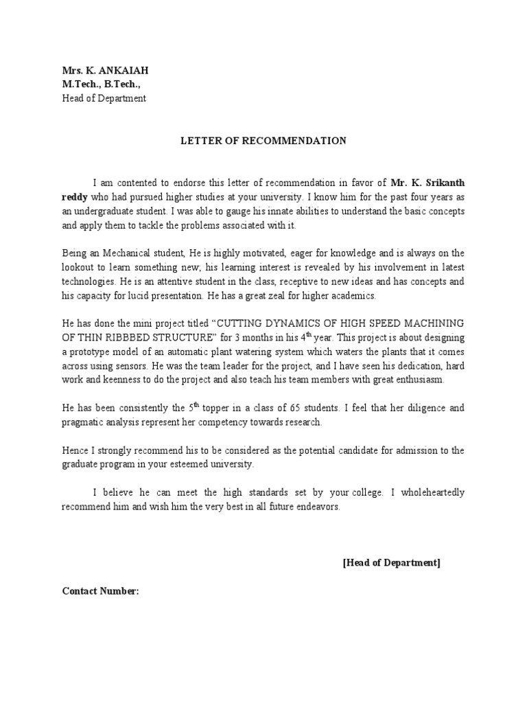 Letter Of Recommendation For Mechanical Engineering Student! Student ...