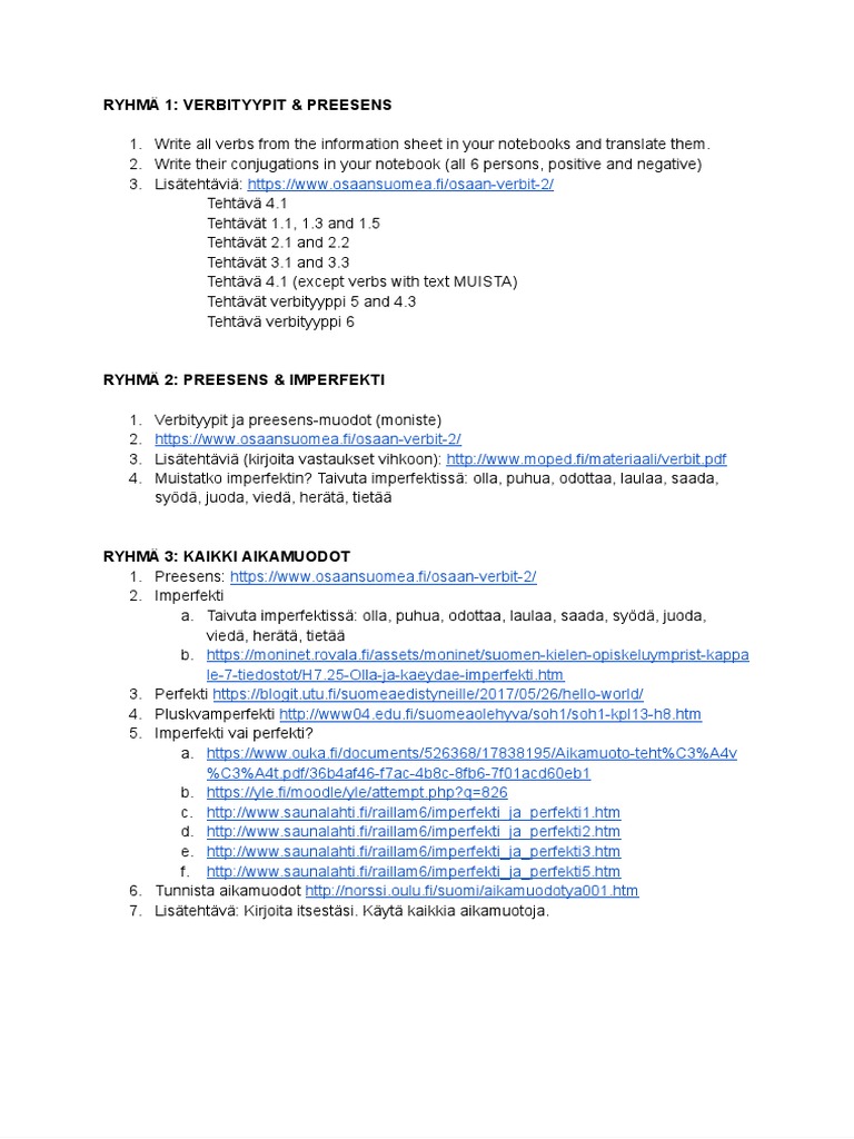 Verbit, Ryhmät Ja Tehtävät 13.4. | PDF