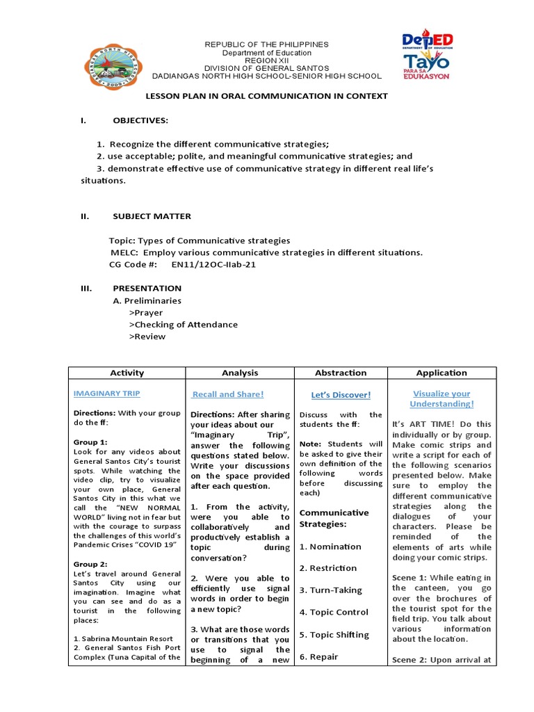 Lesson Plan in Oral Communication in Context | PDF | Differentiated ...