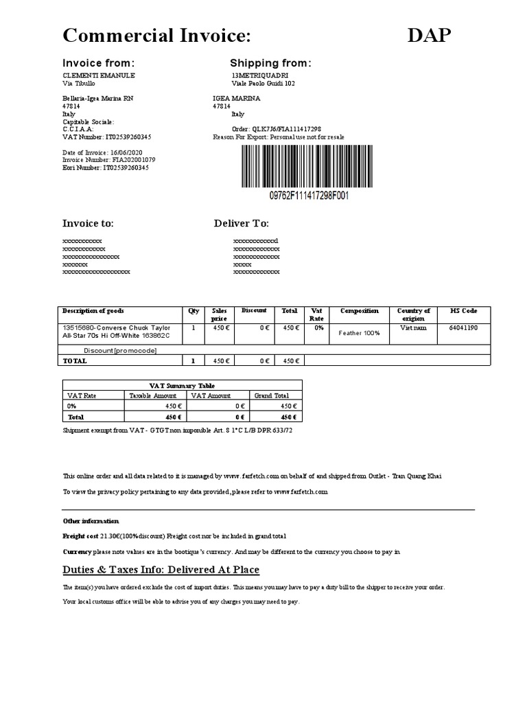 Farfetch Converse Fake Invoice | PDF | Value Added Tax | Invoice