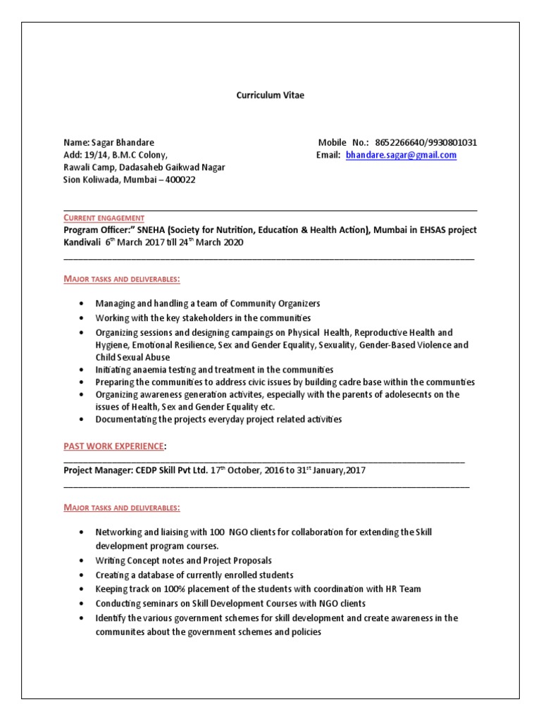 Sagar Bhandare Updated CV - 2021 | PDF | Mumbai | Gender Equality