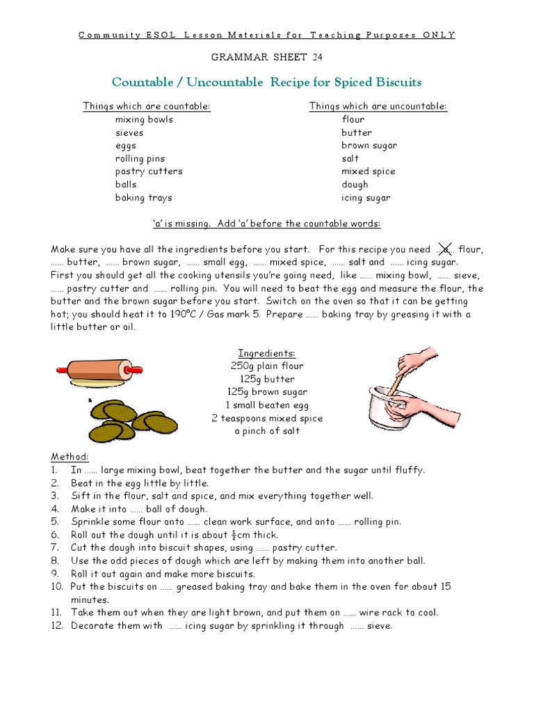Countable / Uncountable Recipe For Spiced Biscuits: Grammar Sheet 24 ...