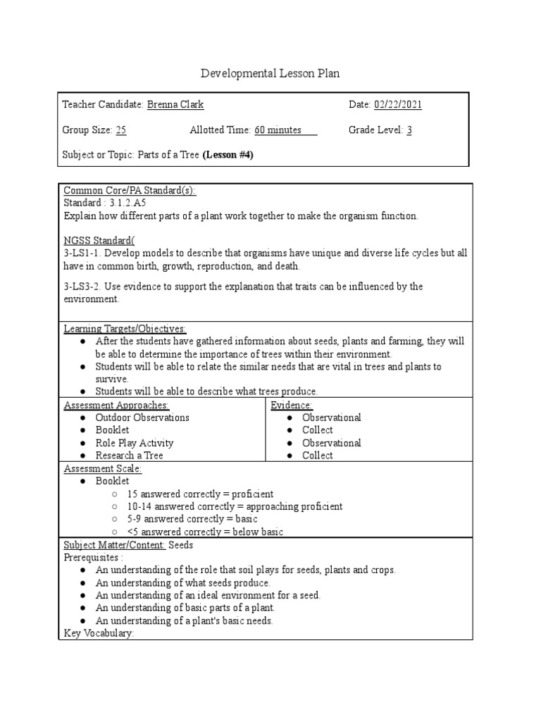 Developmental Lesson Plan: Booklet | PDF | Plants | Trees