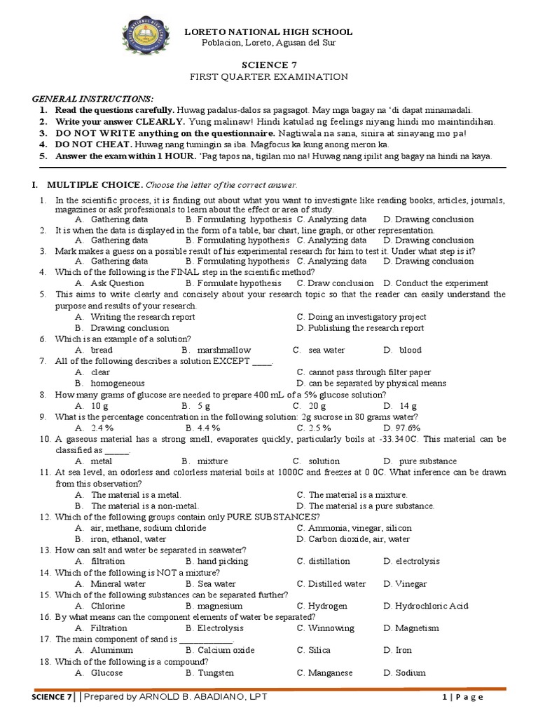 Science 7: First Quarter Examination | PDF | Solution | Chemical Substances