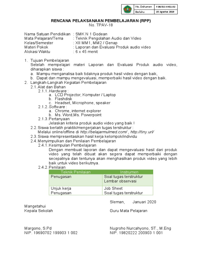 RPP TPAV 18 - Laporan Dan Evaluasi Produk Audio Video | PDF