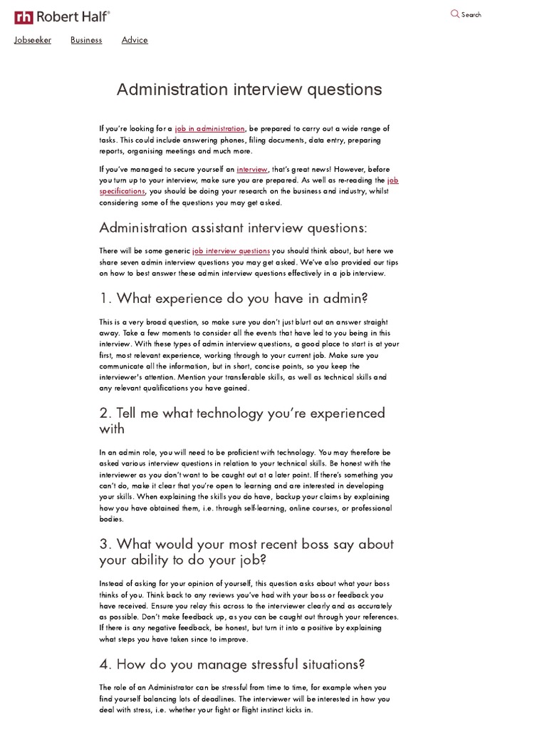 Admin Interview Questions and Answers - Robert Half | PDF | Interview ...