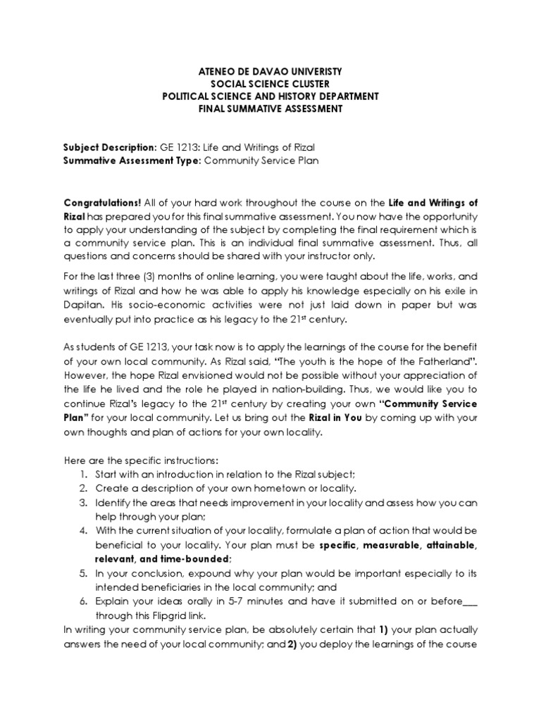Ge 1213 Community Service Plan Summative Assessment | PDF | Educational ...