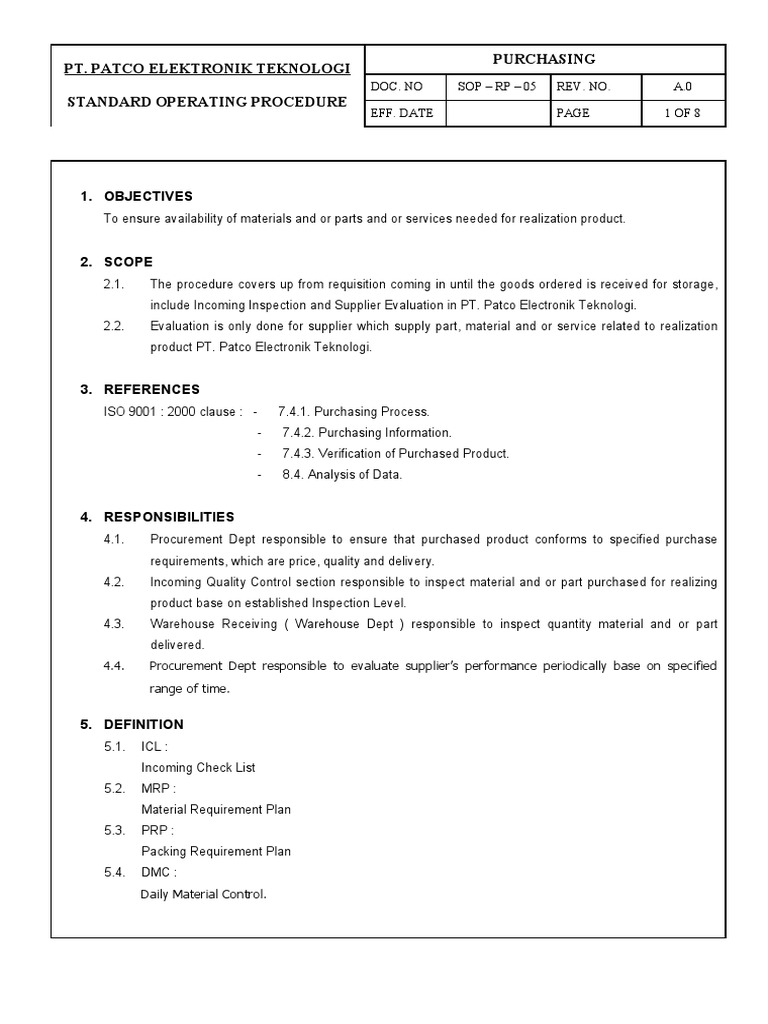 Pt. Patco Elektronik Teknologi Standard Operating Procedure Purchasing ...