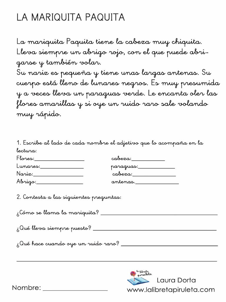 La Mariquita Paquita Comprensión Lectora | PDF