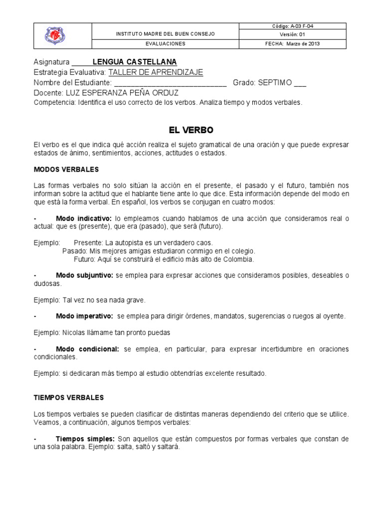 Taller 3 El Verbo Pdf Verbo Tipología Lingüística