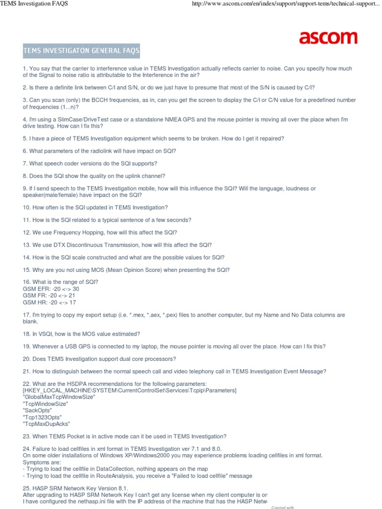 TEMS Investigation FAQS | PDF | Computer Network | Computer Engineering
