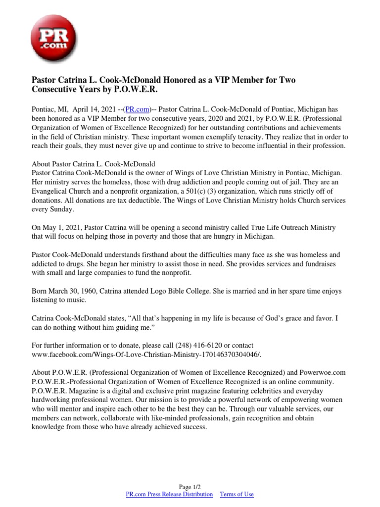 Pastor Catrina Cook-McDonald Honored by P.O.W.E.R. | PDF | Christian ...