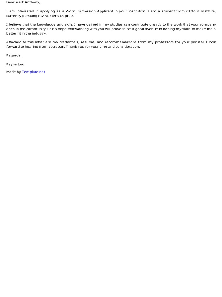 Free Application Letter For Work Immersion | PDF