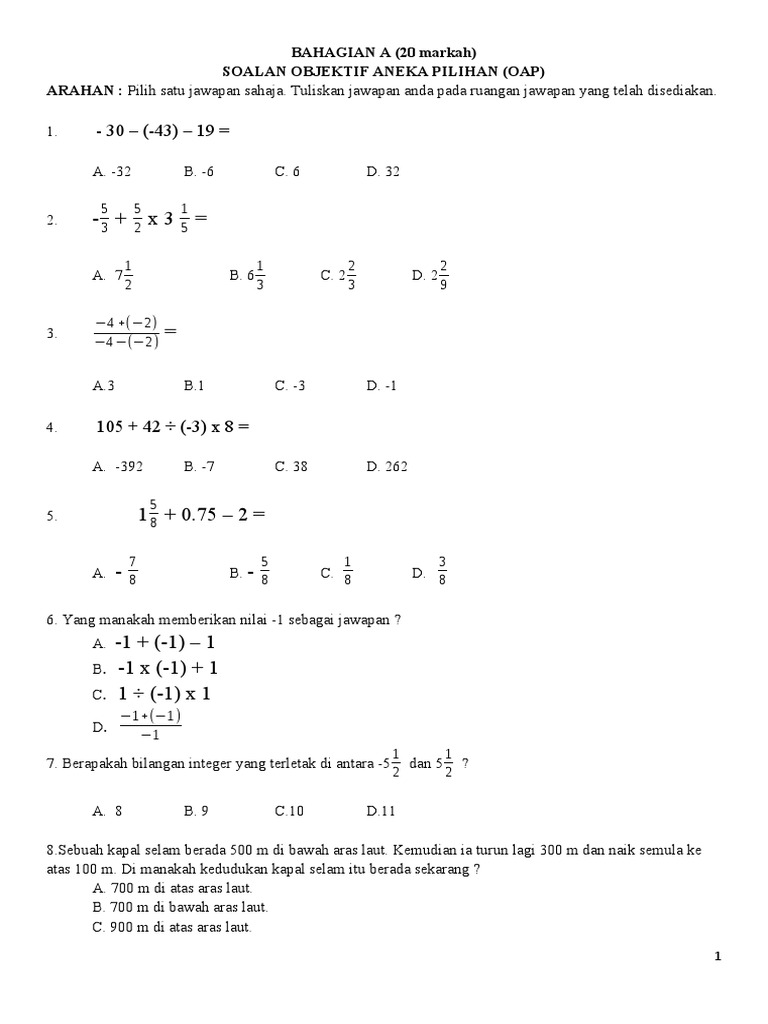 Soalan Up1 Ting. 1 2020 Math | PDF