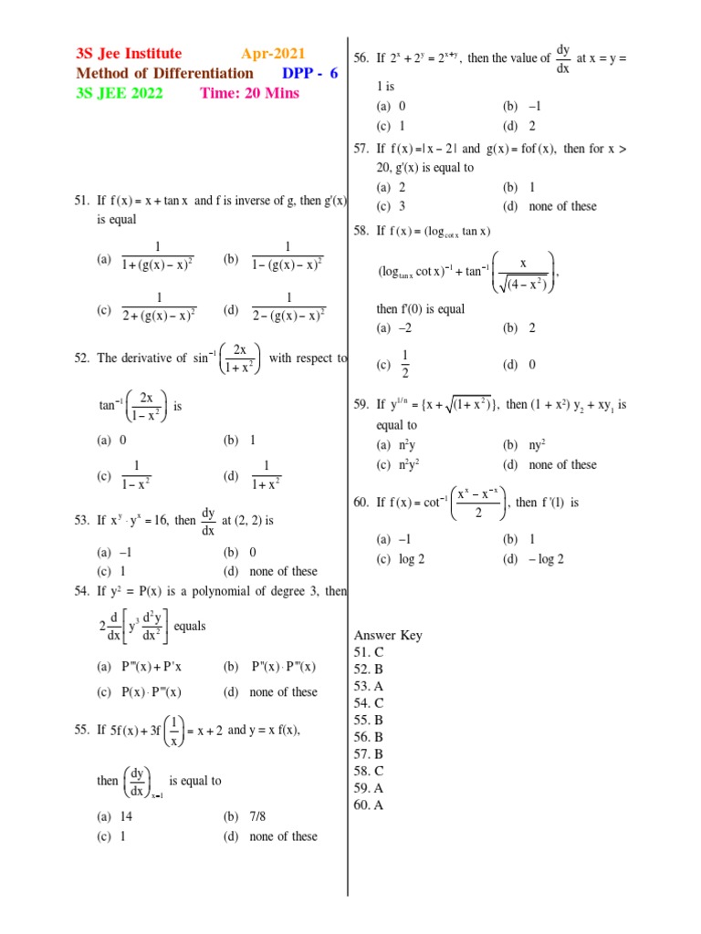 Method of Differentiation DPP - 6 | PDF | Derivative | Applied Mathematics