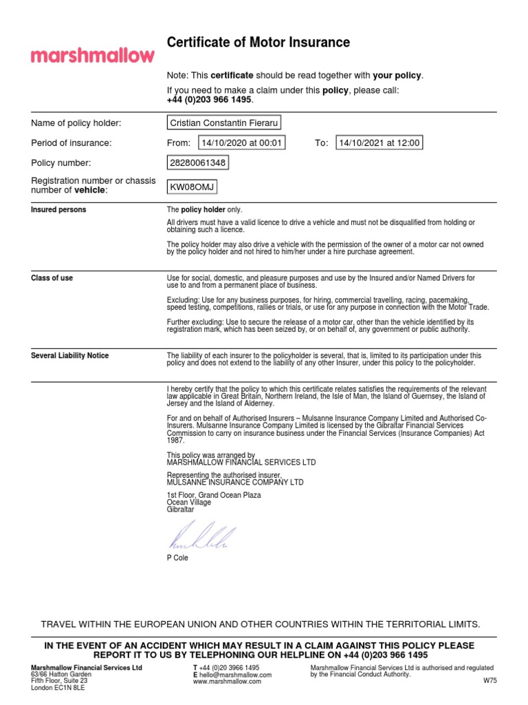 Certificate of Motor Insurance: Certificate Your Policy Policy +44 (0 ...