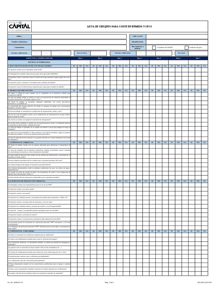 GC-SST-LCH-019 Lista de Chequeo para Corte en Húmedo y Seco | PDF ...
