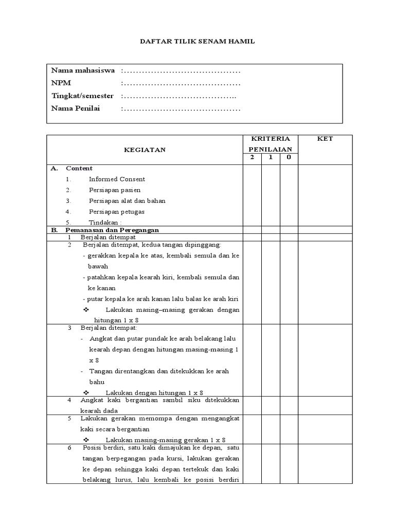 Daftar Tilik Senam Hamil Baru | PDF | Pengembangan Diri | Kesehatan Holistik