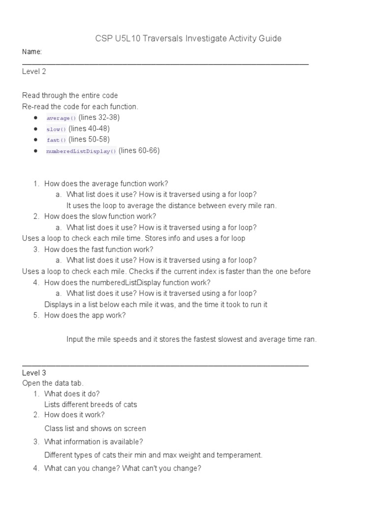 CSP U5l10 Traversals Activity Guide | PDF | Function (Mathematics ...