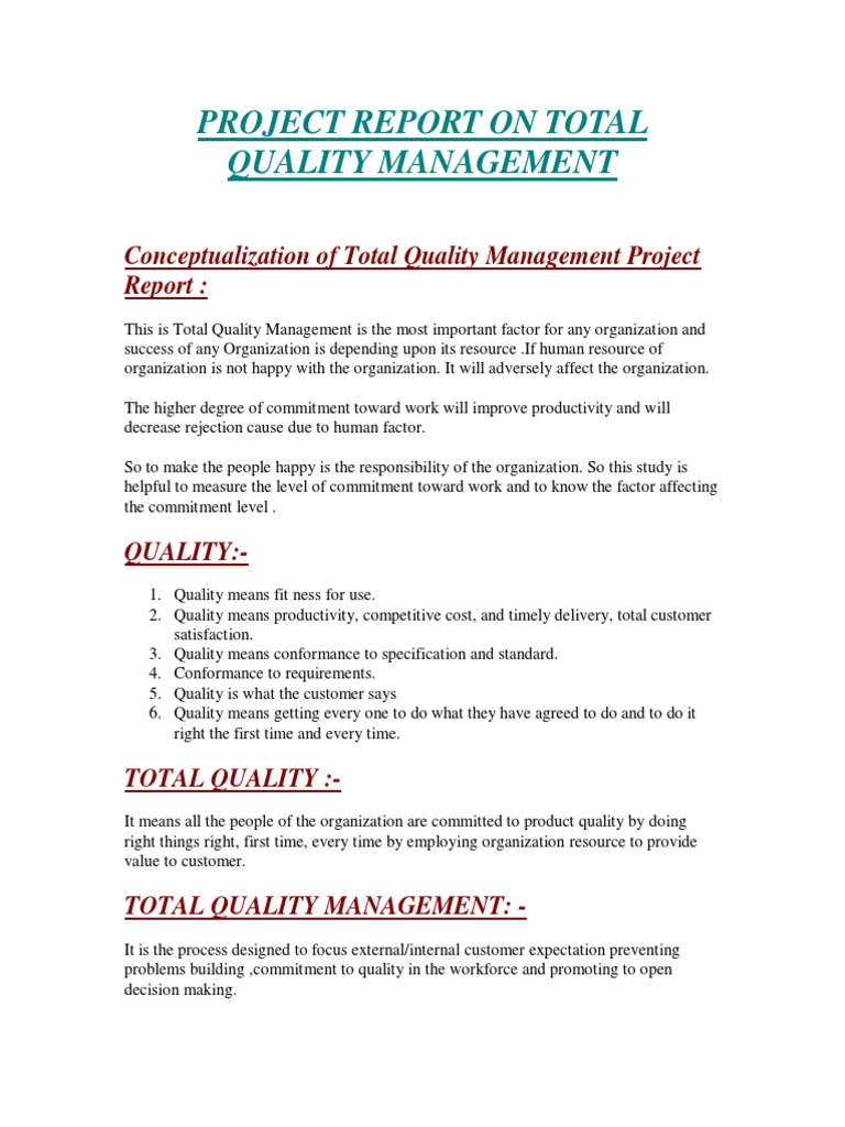 MBA Project Report Total Quality Management | PDF | Quality (Business ...