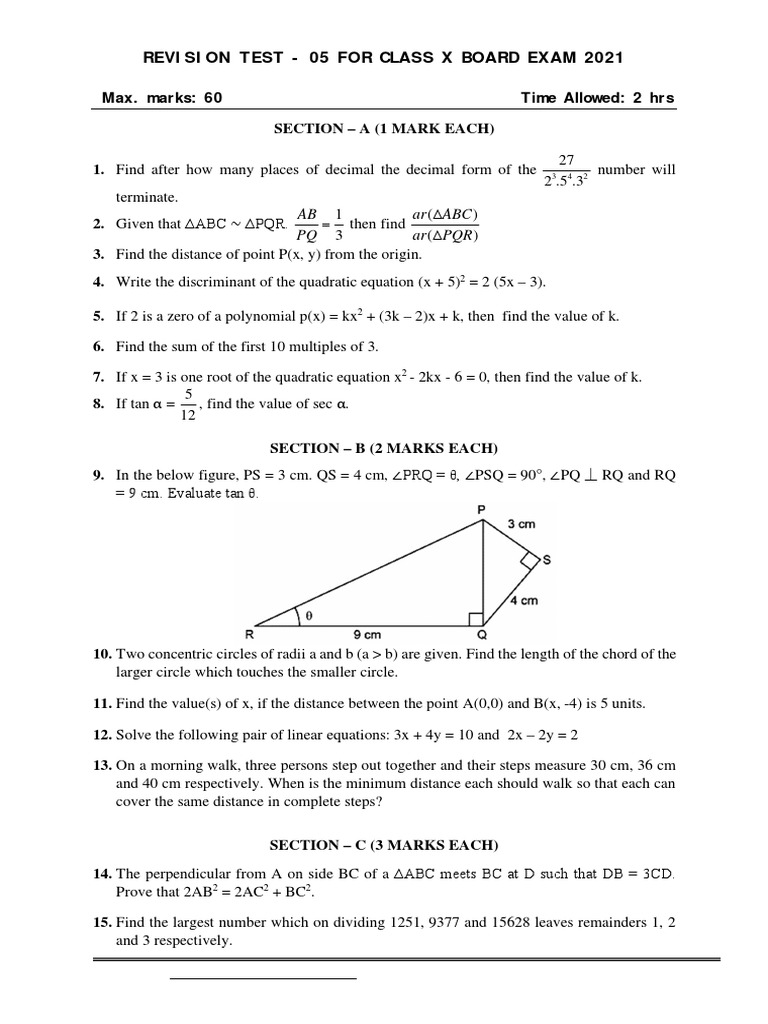 Maths Revision Test Paper 05 For Board Exam 2021. (Chapter 01 To 11 ...
