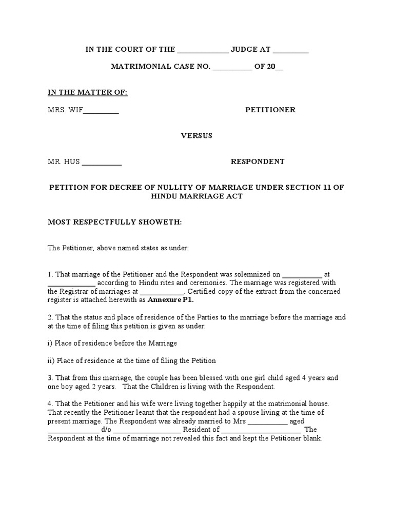 In The Court of The - Judge at - Matrimonial Case No. - of 20 | PDF ...