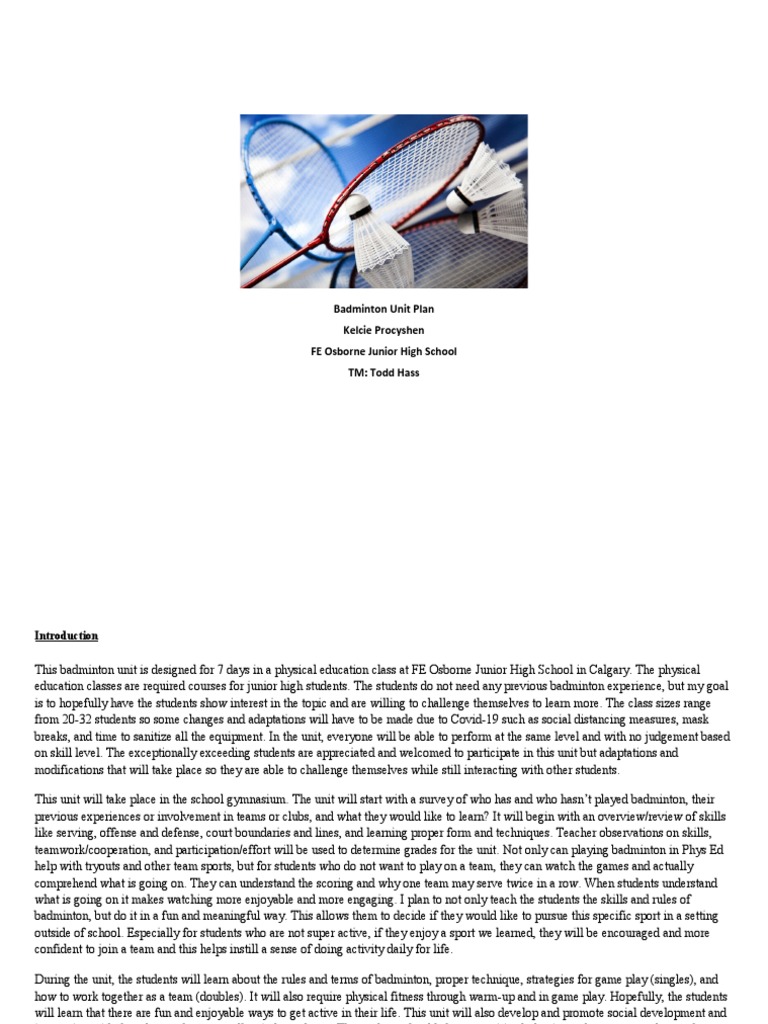 Badminton Unit Plan | PDF | Educational Assessment | Physical Education